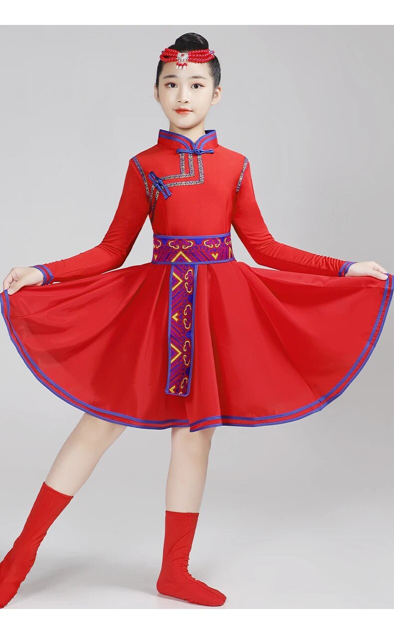 Новая монгольская детская одежда, танцевальные костюмы и костюмы для выступлений для девочек, китайский танцевальный костюм, сценический наряд