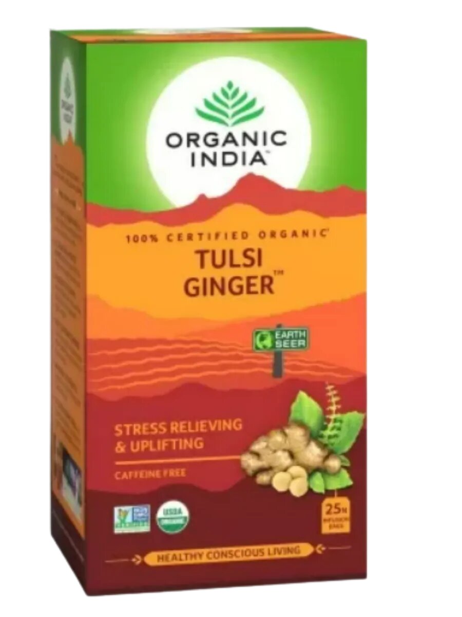 Органик Tulsi Green Tea Ginger (Джиджер чай), 25 пак, 1,74 г