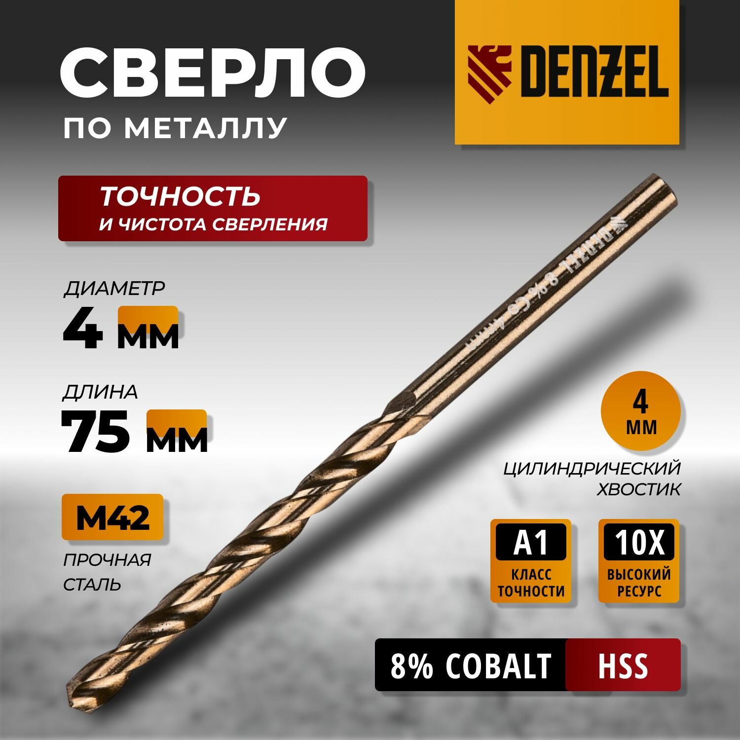 Сверло по металлу, 4 мм, HSS Co-8%, Denzel