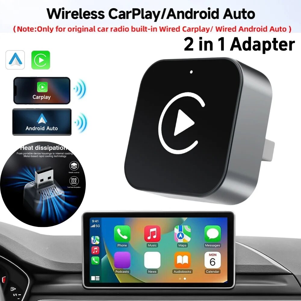 Беспроводной адаптер CarPlay 2 в 1, Android Auto, умный USB-ключ, преобразующий Plug Play, проводной в беспроводной мини-Carplay и автоматический ключ