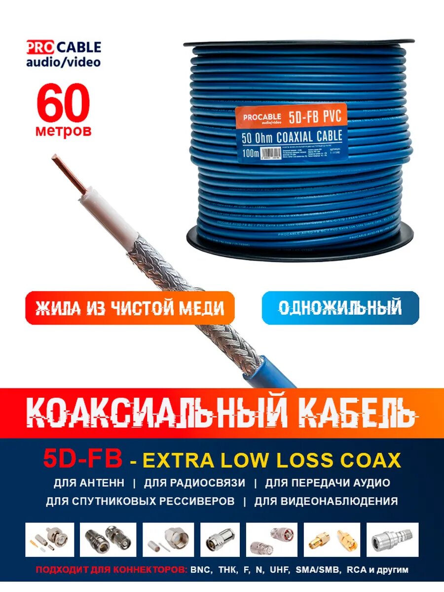 Коаксиальный кабель Procable 5D-FB, медный, PVC, 60 м, синий
