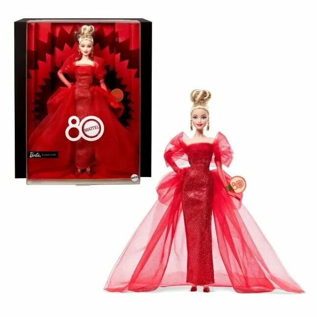 Кукла Mattel к 80-летию, Коллекционная кукла блондинка в блестящем красном платье - Барби, JBJ17
