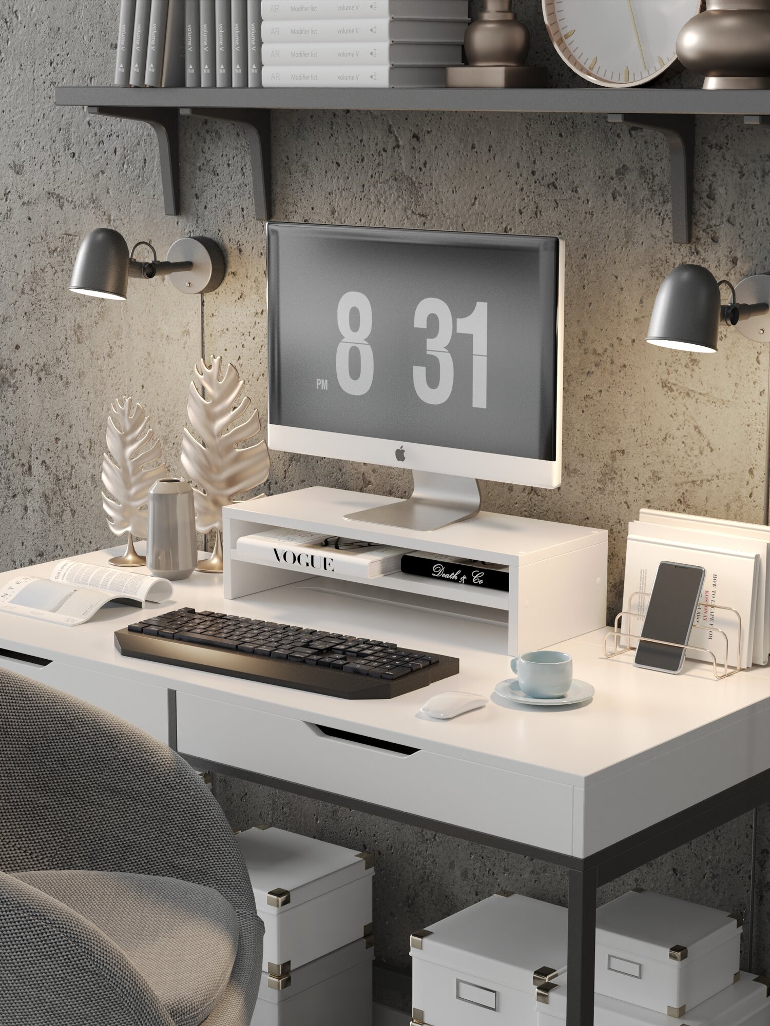 Поставка под монитор, ЛДСП, открытая конструкция, белая, 55x12,6x22 см