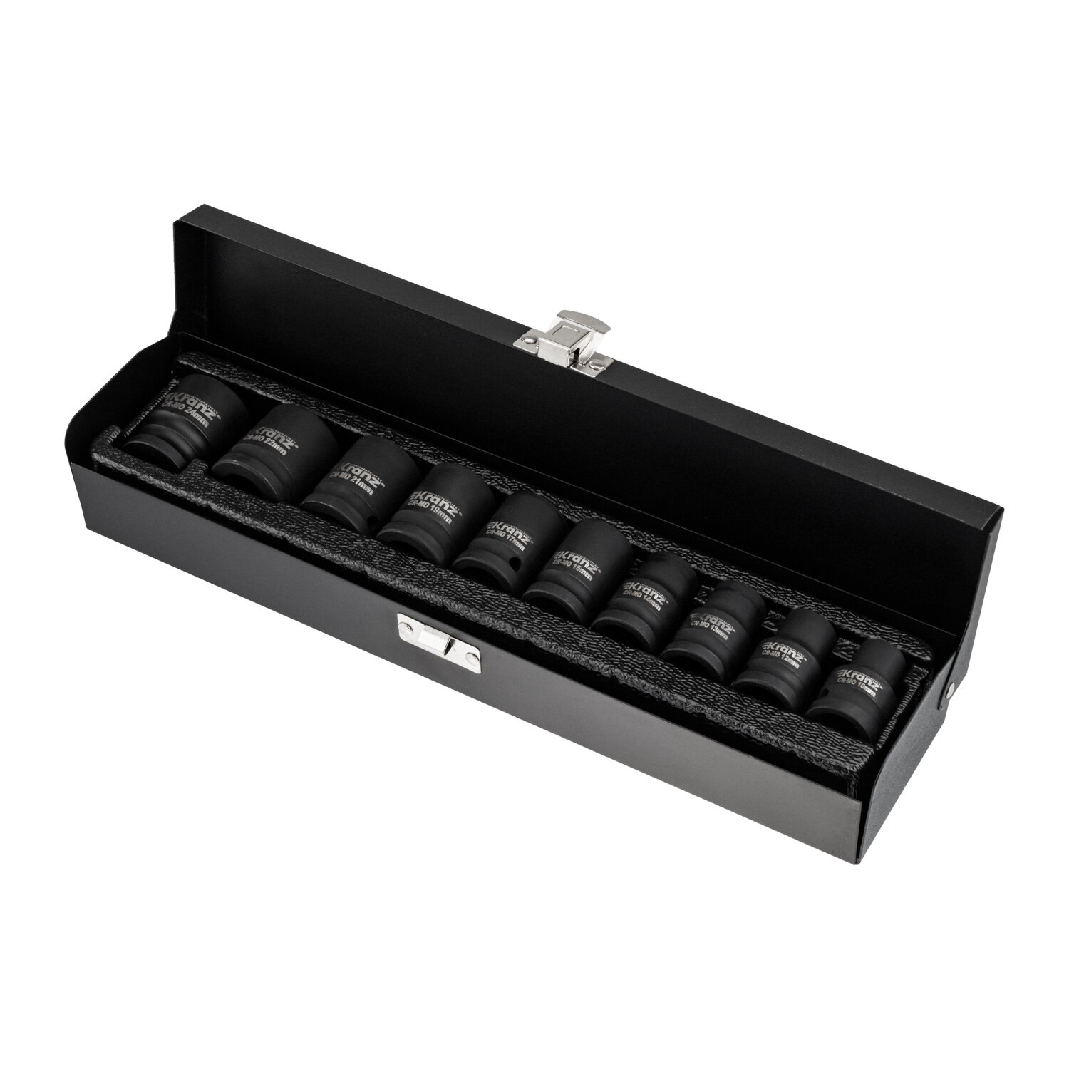 Набор шестигранных ударных торцевых головок, 1/2", 38мм, 10 предметов (10-24мм) металлический кейс KRANZ