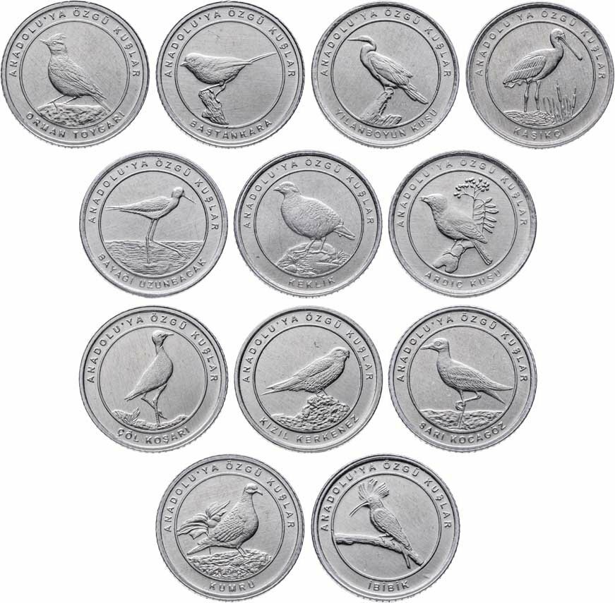 Турция набор из 12 монет 1 куруш 2020 Фауна - Птицы, Алюминий, в сохранности UNC