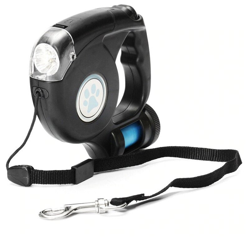 Поводок-рулетка для собак до 35 кг тросовый (4,5 метра, фонарик, контейнер)