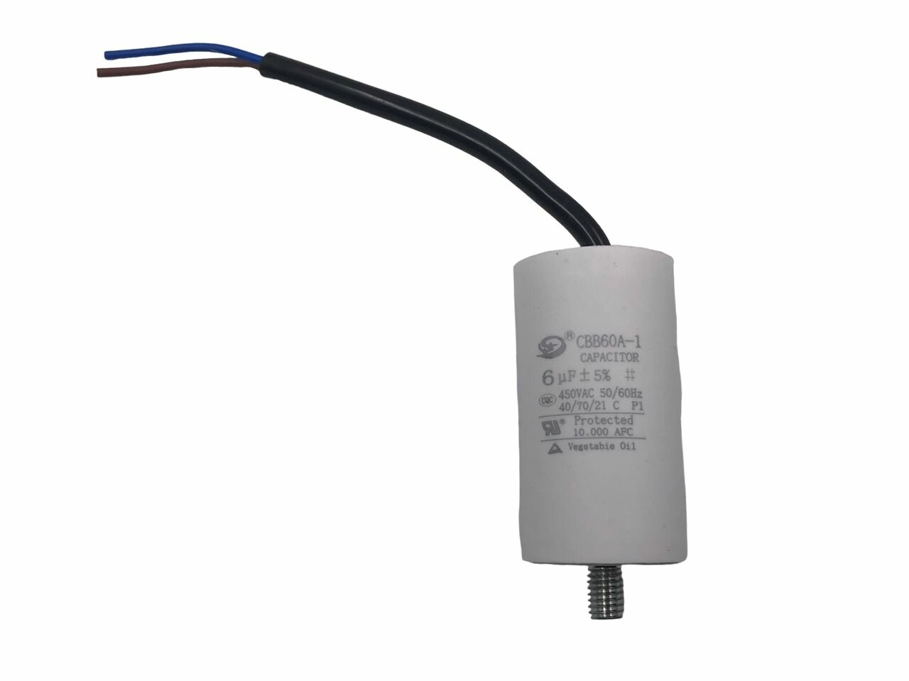 CBB60 6мкФ-450В гибкие выводы+болт, пусковой конденсатор (65х35мм)