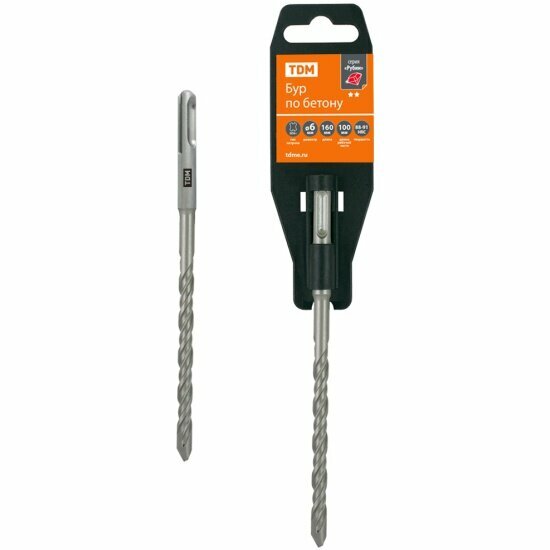 Бур по бетону Tdm Electric 6х160х100 мм, SDS-Plus, 2 резца, пластиковый держатель, 1 шт, "Рубин", SQ1094-0102