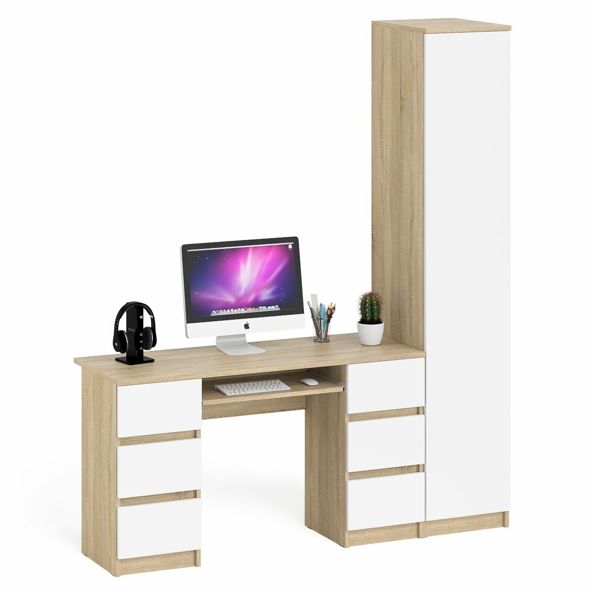 Шкаф однодверный СВК Мори МШ400.1 с компьютерным 2-х тумбовым столом цвет дуб сонома/белый, 175,8х50,4х209,6 см.