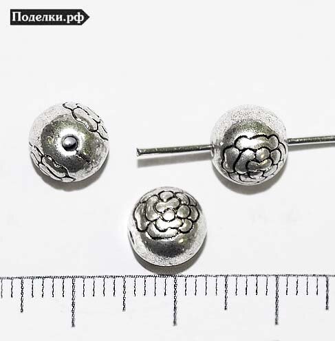 Металлическая бусина Шарик с розой 0008093 серебряный цвет 8 мм, цена за 10 шт.