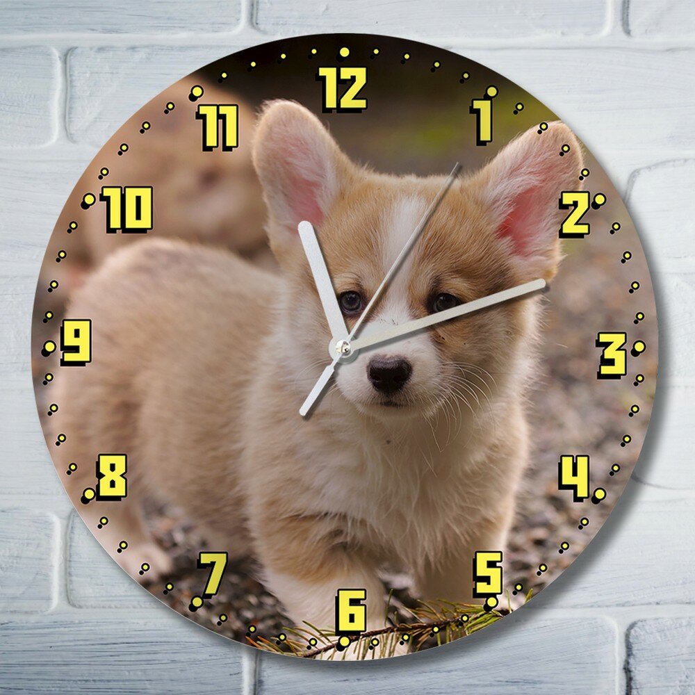 Настенные часы УФ "Животные Щенок ( Собака, цветы, Корги, милота, Подарок для мамы, бабушки сестры, подруге) - 9166"