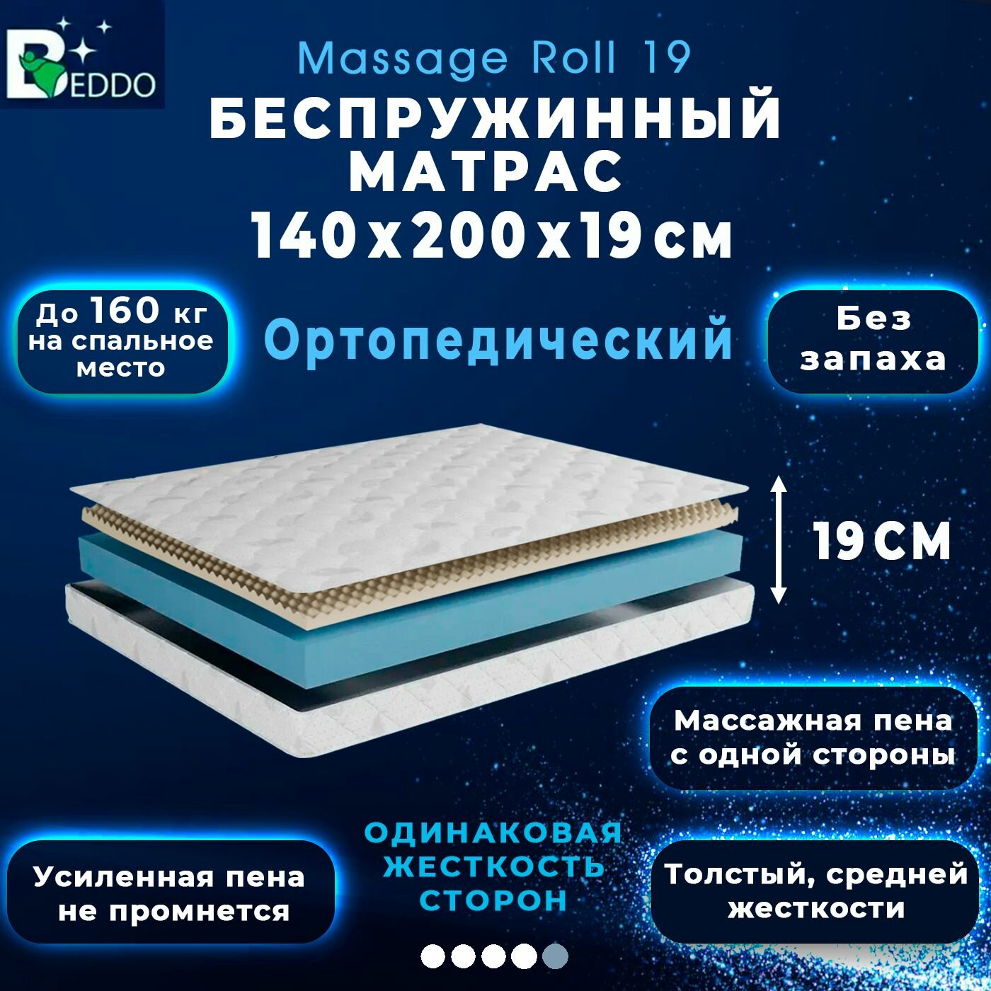 Матрас 140х200x19 беспружинный ортопедический с массажной пеной, двусторонний, в рулоне BEDDO Massage Roll 19