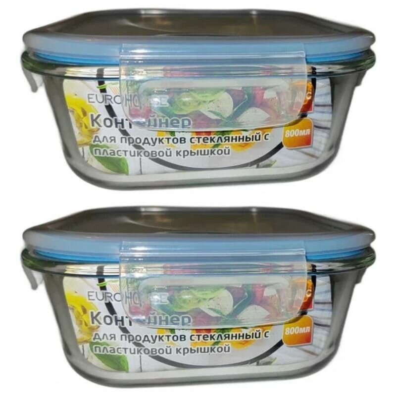 Eurohouse Контейнер пищевой с пластиковой крышкой, жаропрочное стекло +400С, 800мл, 2шт