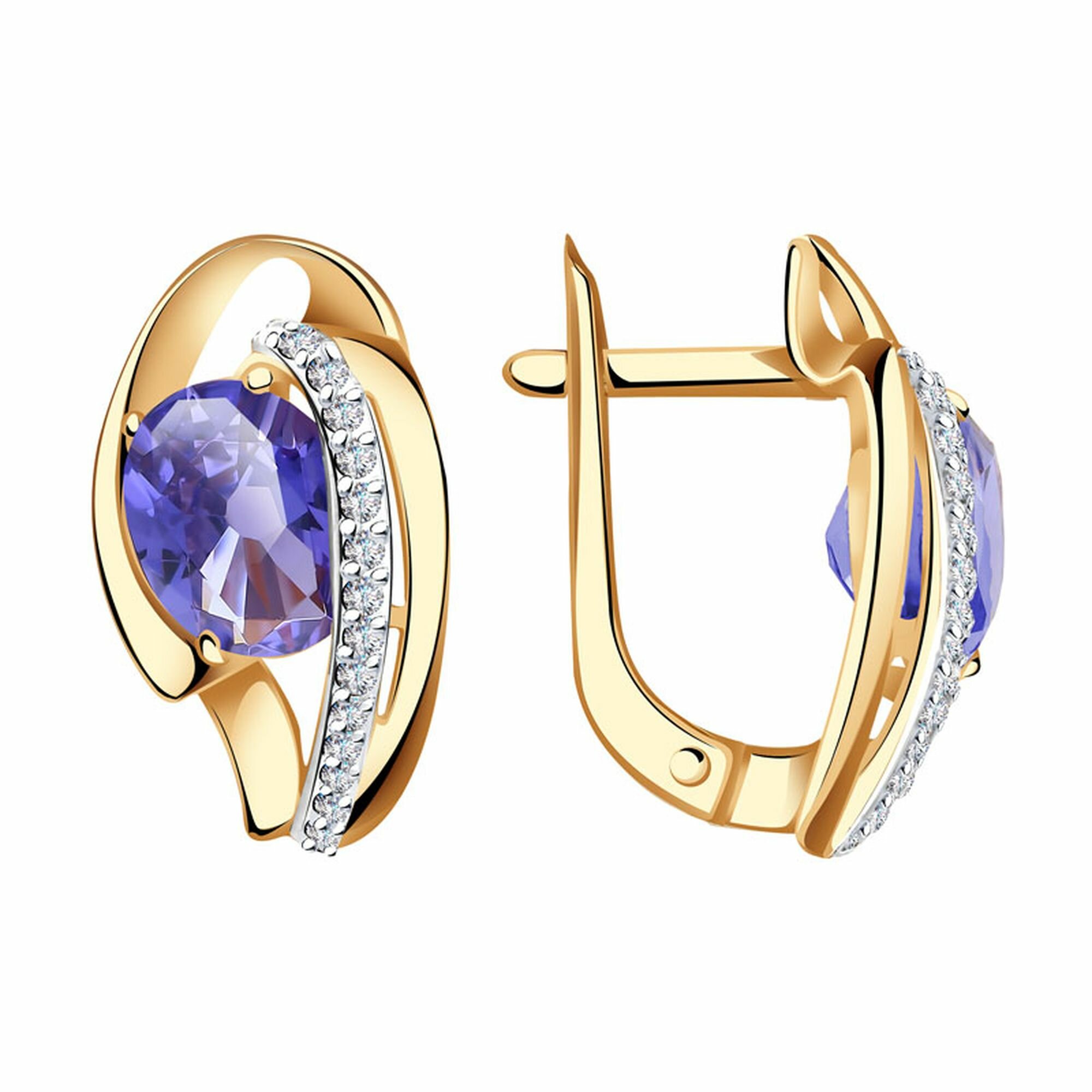 Серьги, красное золото, 585 проба, танзанит, фианит