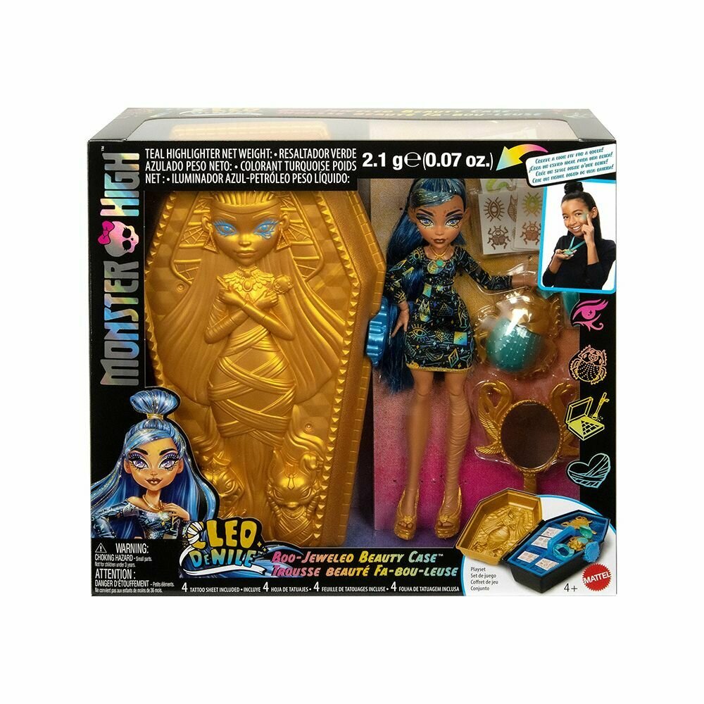 Mattel Monster High Cleo De Nile Boo jeweled beauty case Школа монстров Коллекционная кукла, Косметический набор золотом гламурном футляре, Подходит для детей старше 4 лет