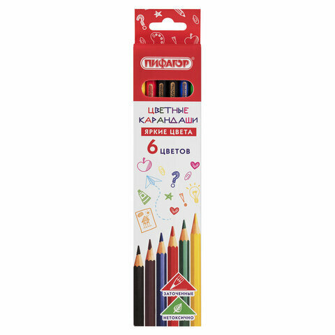 Карандаши цветные пифагор ЭКО "классик", 6 цветов, шестигранные, 182047
