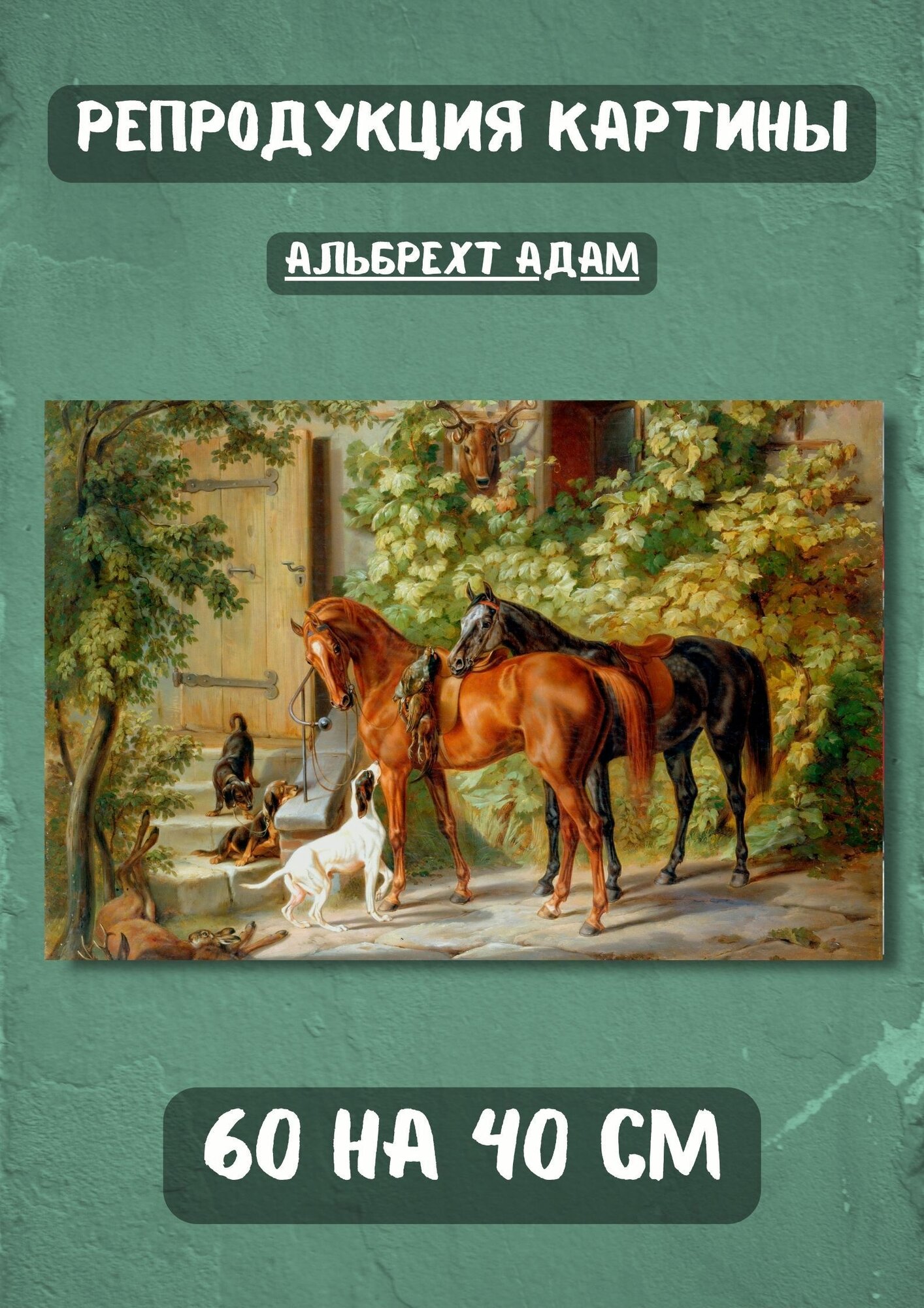 Альбрехт Адам - "Лошади у крыльца (1843)" 60х40 см картина на холсте