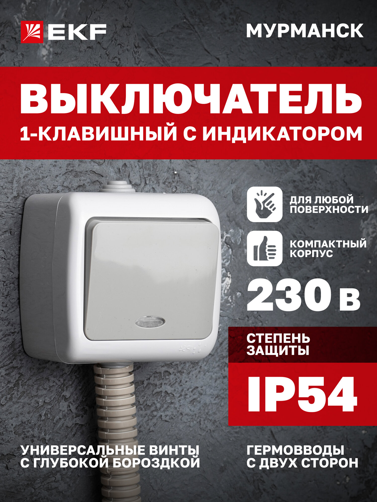 Выключатель одноклавишный накладной EKF с индикатором, 10А, IP54, уличный (под навесом), серый, коллекция Мурманск