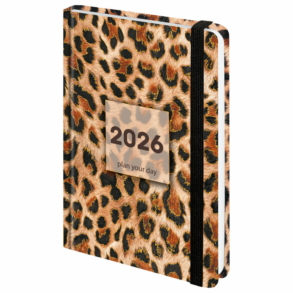 Ежедневник датированный 2026 с резинкой 145х203 мм, А5, BRAUBERG, твердый, фольга, "Леопард", 117334, 117334