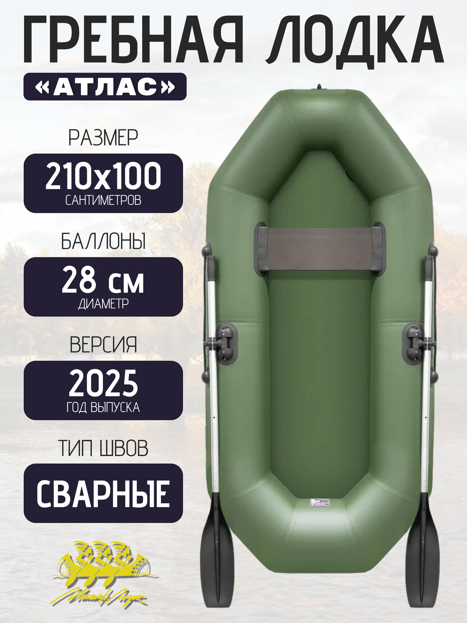 Лодка надувная ПВХ Атлас 210 для рыбалки гребная Мастер Лодок