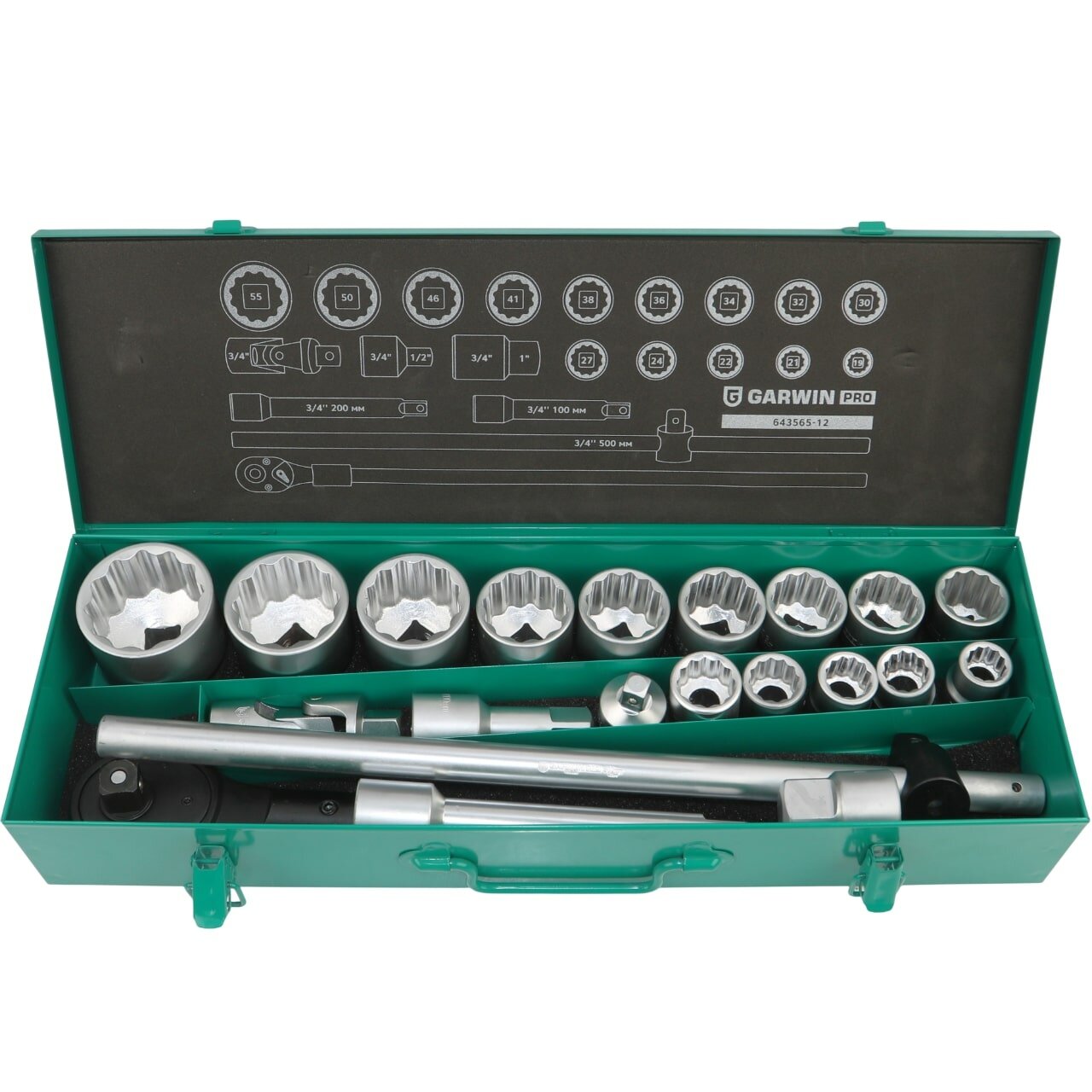 GARWIN PRO 643565-12 Набор торцевых головок 3/4" 12 гр, 19-55 мм, 21 пр.