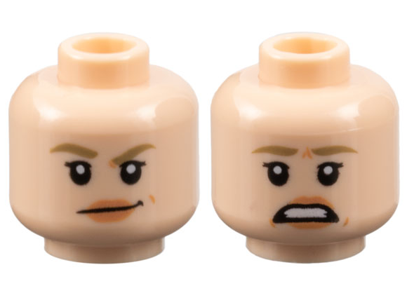 Minifigure, Head Dual Sided Female Dark Tan Eyebrows, Small Black Eyelashes, Nougat Lips, Smirk / Scared Pattern, 3626pb2103 Light Nougat N