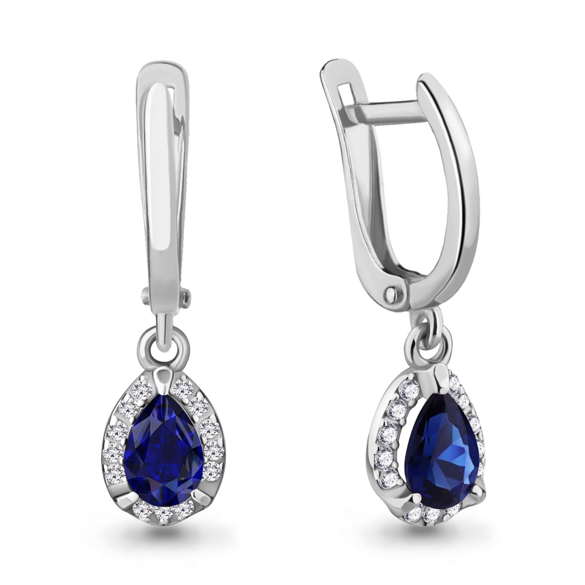 Серьги, серебро, 925 проба, серебрение, фианит, сапфир синтетический