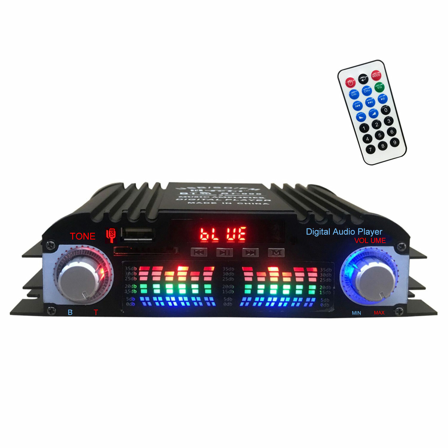 Аудиоусилитель Car BT5.0 4-канальный для домашнего кинотеатра стереоресивер 12 V с FM-радио USB/SDCard/AUX-in ЖК-дисплей черного цвета из алюминиевого сплава и пластика мощностью 40W*4 импеданс 4-16Ом частота 20Hz-20KHz SNR 95dB размер 170*100*40mm в