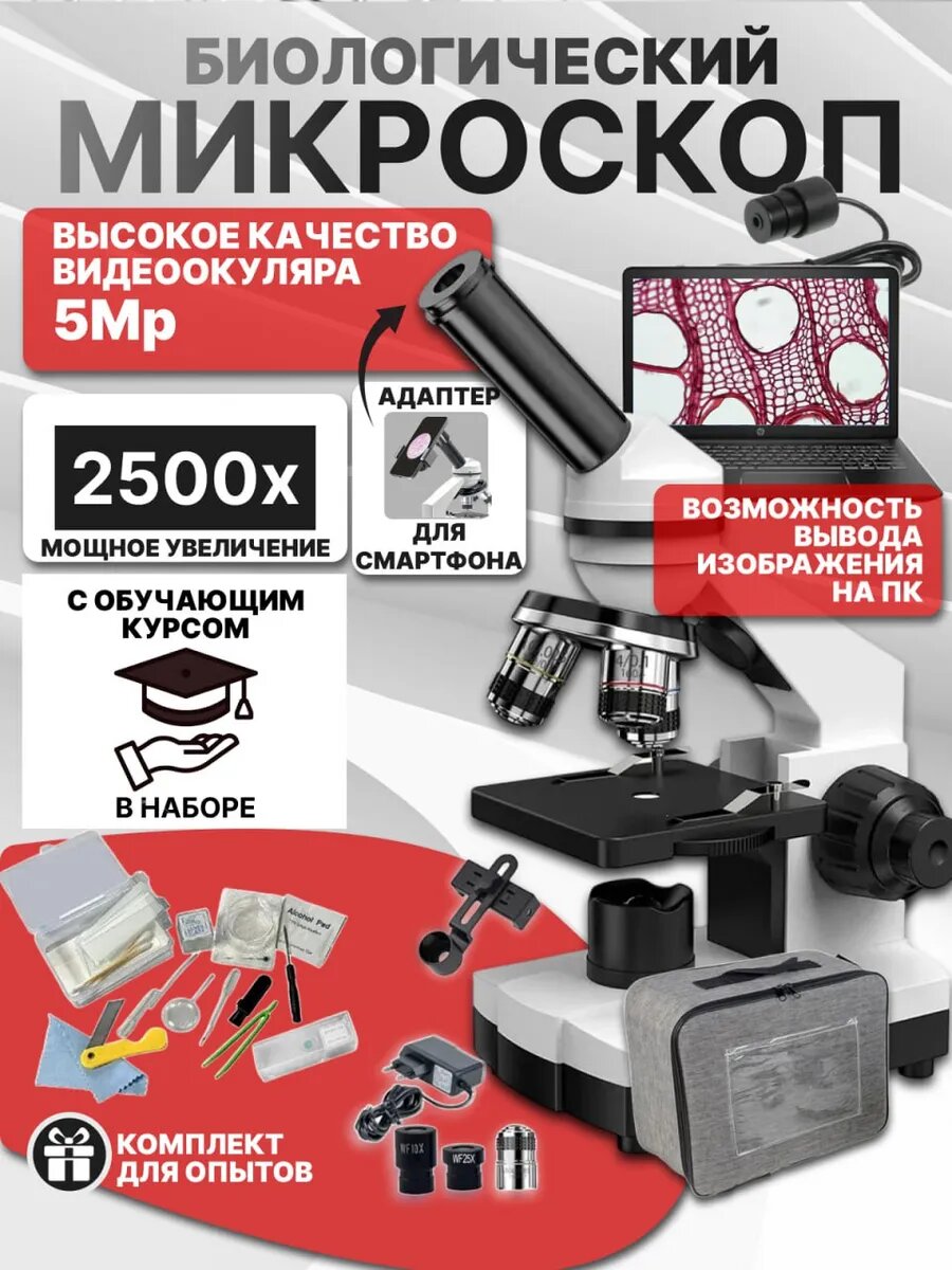 Микроскоп школьный "显微镜", 2500-кратное увеличение, с видеоокуляром, в кейсе