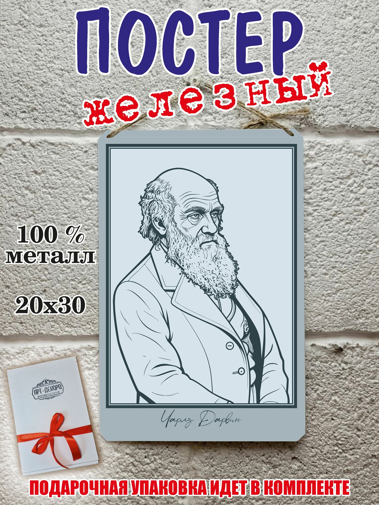 Чарлз Дарвин портрет железный постер на стену