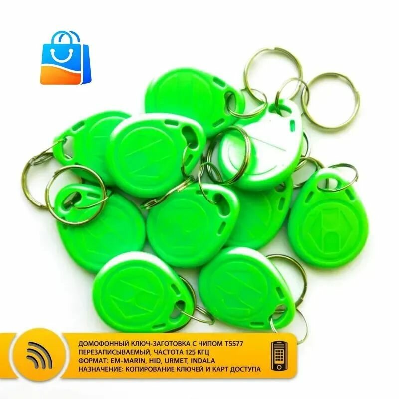 Ключ для домофона T5577 ABS, цвет салатовый 10 шт), перезаписываемый, 125 кГц. Брелок-заготовка для копирования Em-marine (болванка-пустышка).
