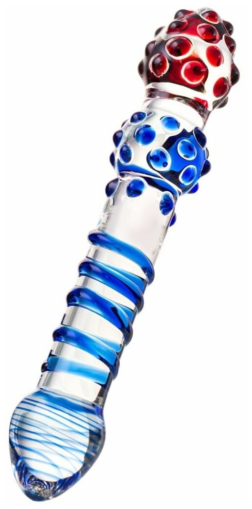 Двусторонний стеклянный фаллос со спиралью и шишечками - 20,5 см,20,5 см,3,5 см, прозрачный, стекло, Женский, Фаллоимитаторы