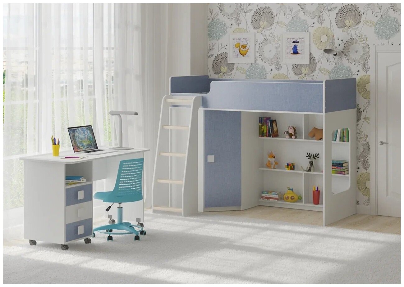 Детская кровать RIDGIMMI 42.2.5, Кровать-чердак с рабочей зоной для подростка, 175 × 75, голубой