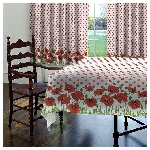 Скатерть на стол тканевая праздничная Красные маки красный горошек 150*150 (МарТекс)
