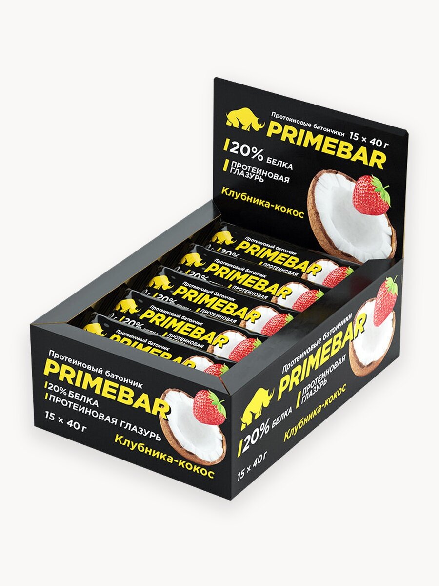 Батончик с содержанием протеина "PRIMEBAR", со вкусом клубники и кокоса 40г*15шт