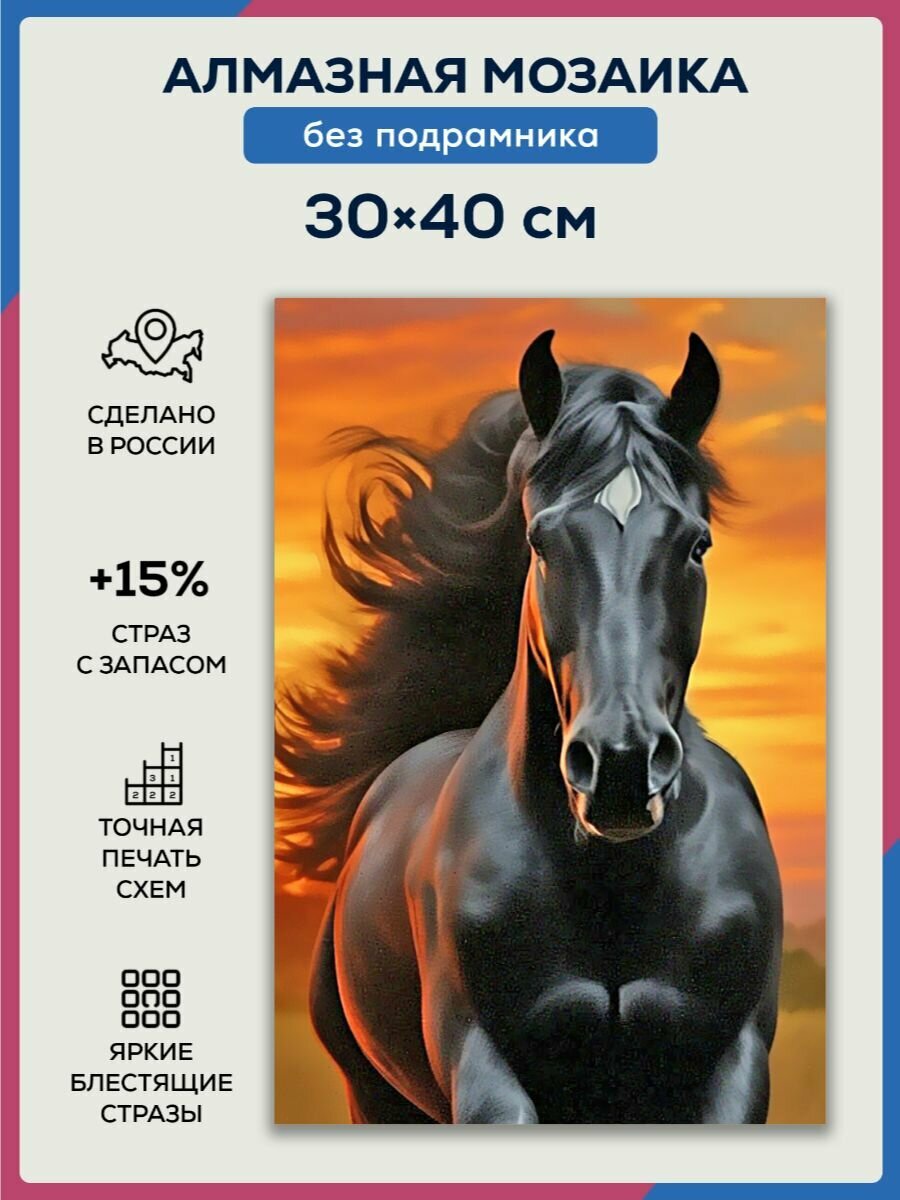 Алмазная мозаика 30x40 Вороной конь без подрамника