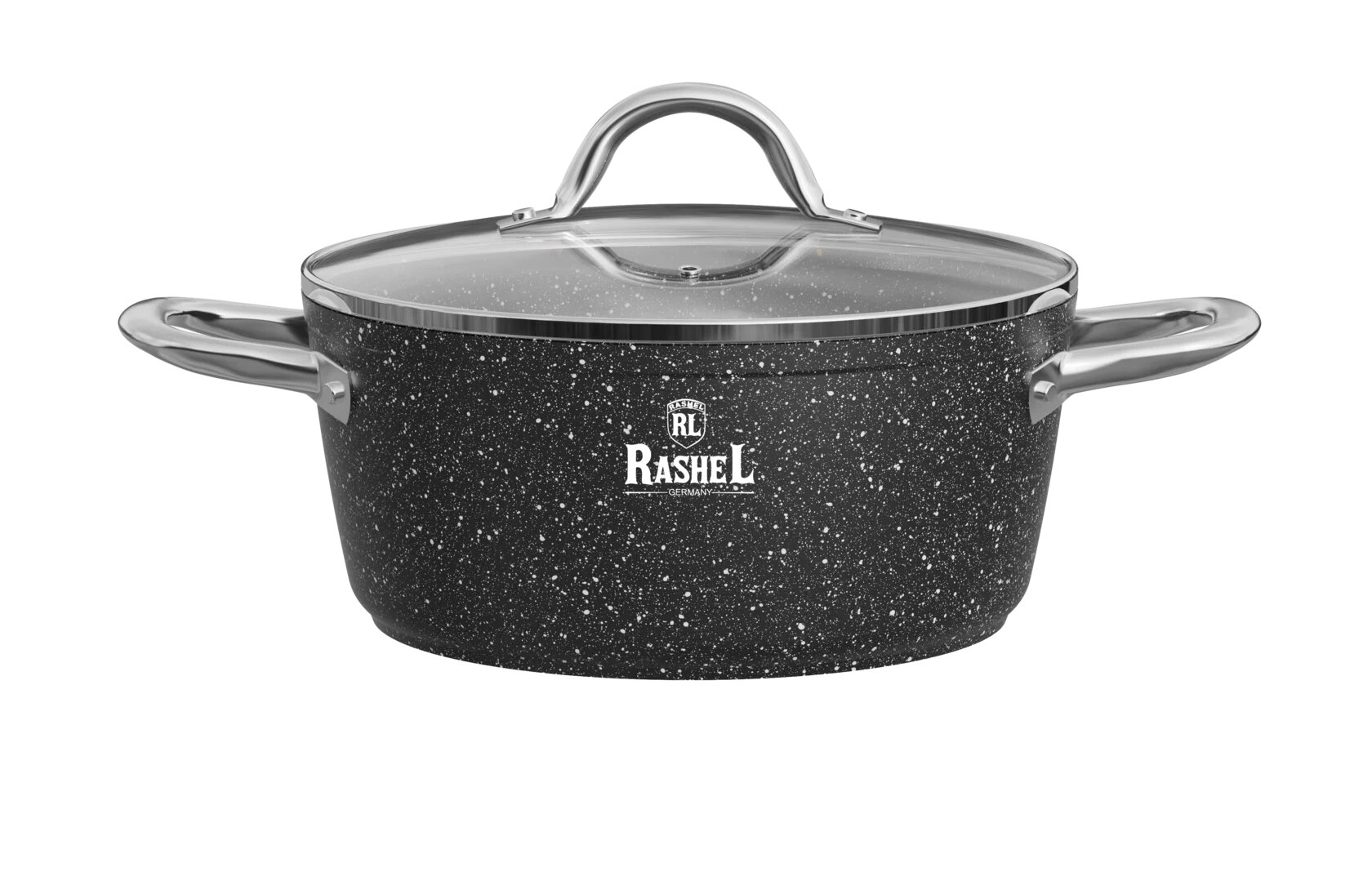 Кастрюля Rashel из литого алюминия с крышкой из жаропрочного стекла, черный гранит, 5л