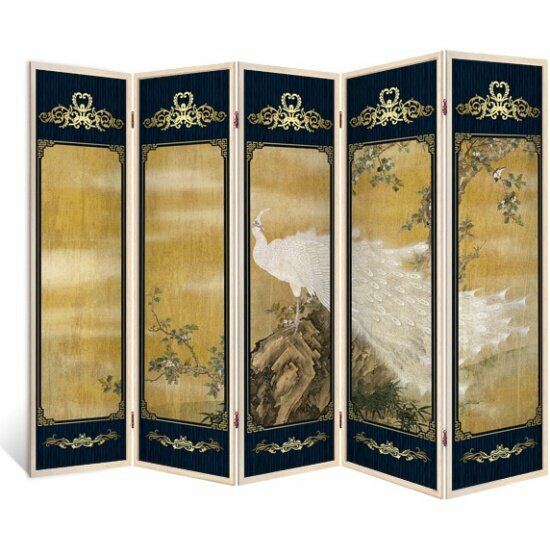 Ширма перегородка Декор Депо для комнаты деревянная "Красота Востока" двухсторонняя с картинкой (природа) 5 створок кремовый дуб 176х230 см 18 кг