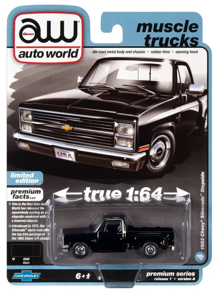 Коллекционная Premium машинка Auto World 1983 Chevrolet Silverado Stepside Lowered Gloss Black (коллекция 2023, серия Muscle Trucks, AWSP126A)