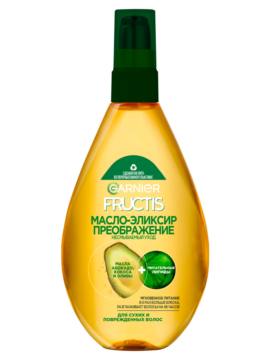 Garnier Fructis Преображение Масло-эликсир для восстановления, питания, блеска и легкого расчесывания сухих, поврежденных, окрашенных волос, против секущихся кончиков, 150 мл