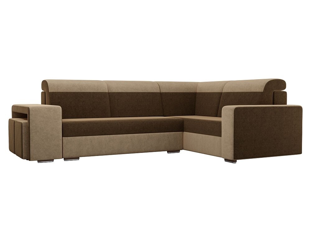 Угловой диван Мустанг с двумя пуфами Коричнево-Бежевый Вельвет, еврокнижка, 275х210х93 см, с ящиком для белья