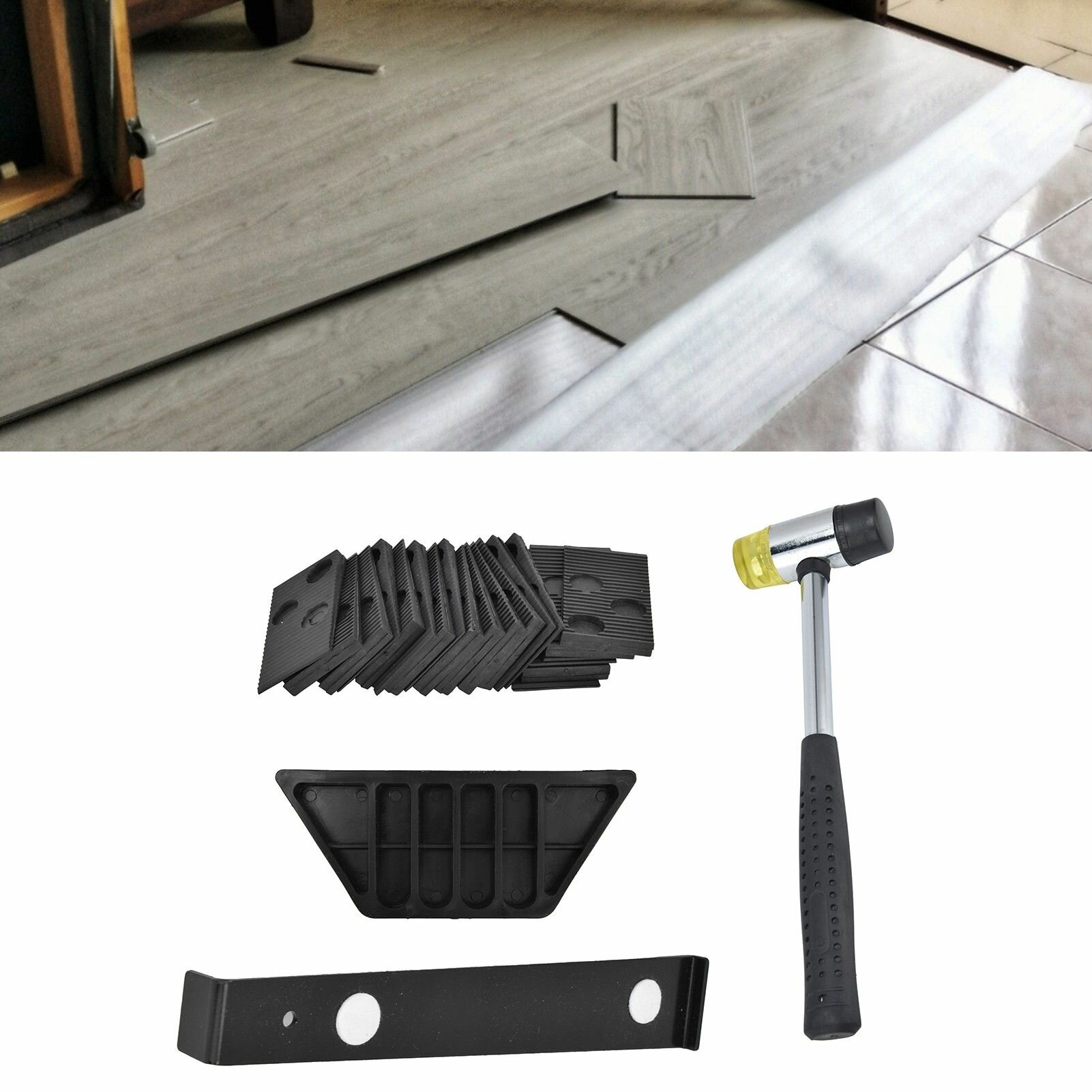 Набор для укладки напольных покрытий, Инструмент для укладки ламината с резиновым молотком/ Тяговым стержнем/блоком для нарезания резьбы/20шт прокладок