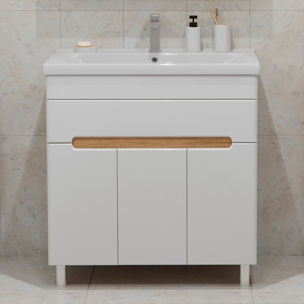 Тумба напольная SanStar Модена 80 с раковиной Миранда 80 (комплект) для ванной комнаты, белая, дуб вотан