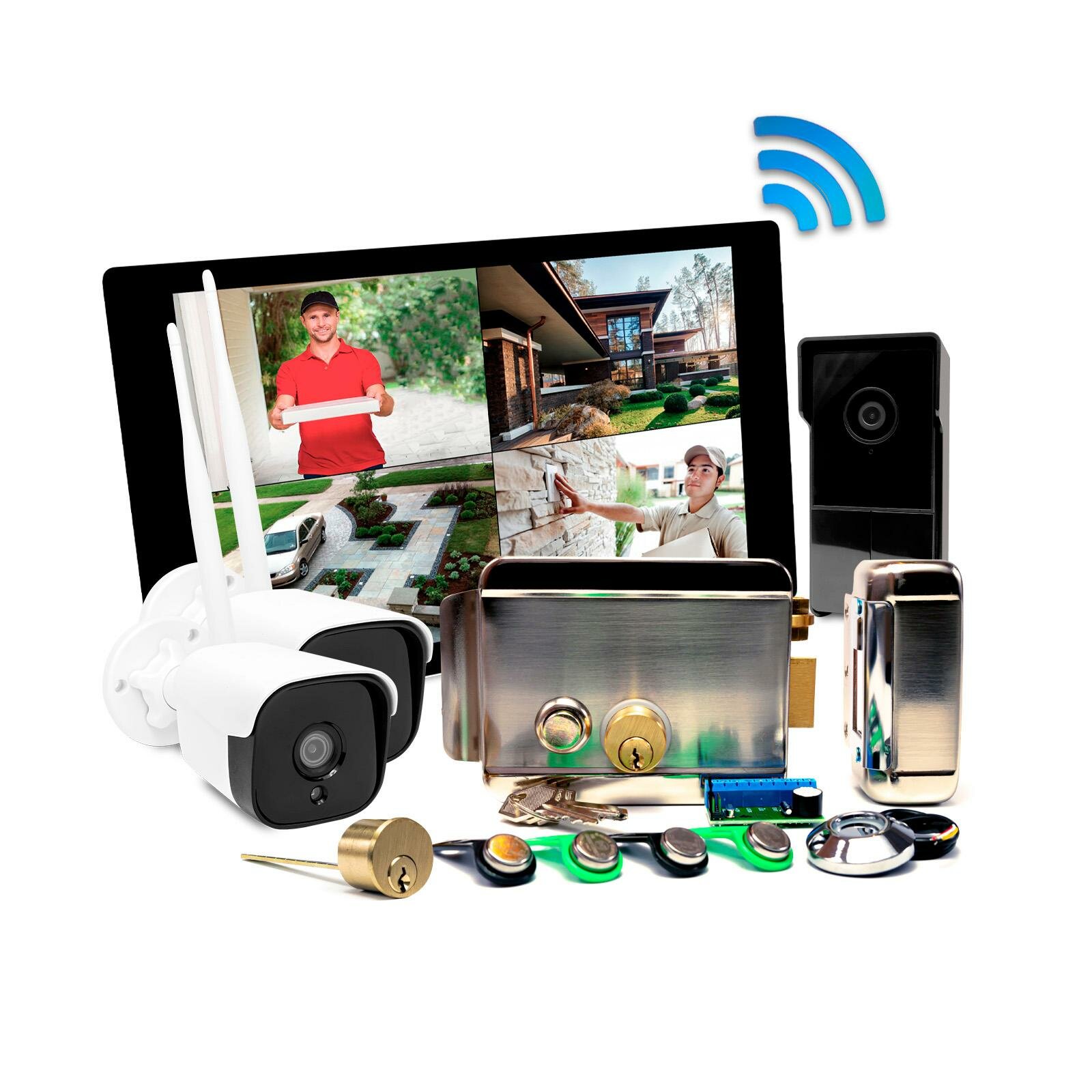 Радиоканальный видеодомофон с замком и 2 камерами - СкайНет 1000 (1+2+Zenit) (W5196RU): HD Wi-Fi монитор 10 дюймов, вызывная панель, электромеханичес