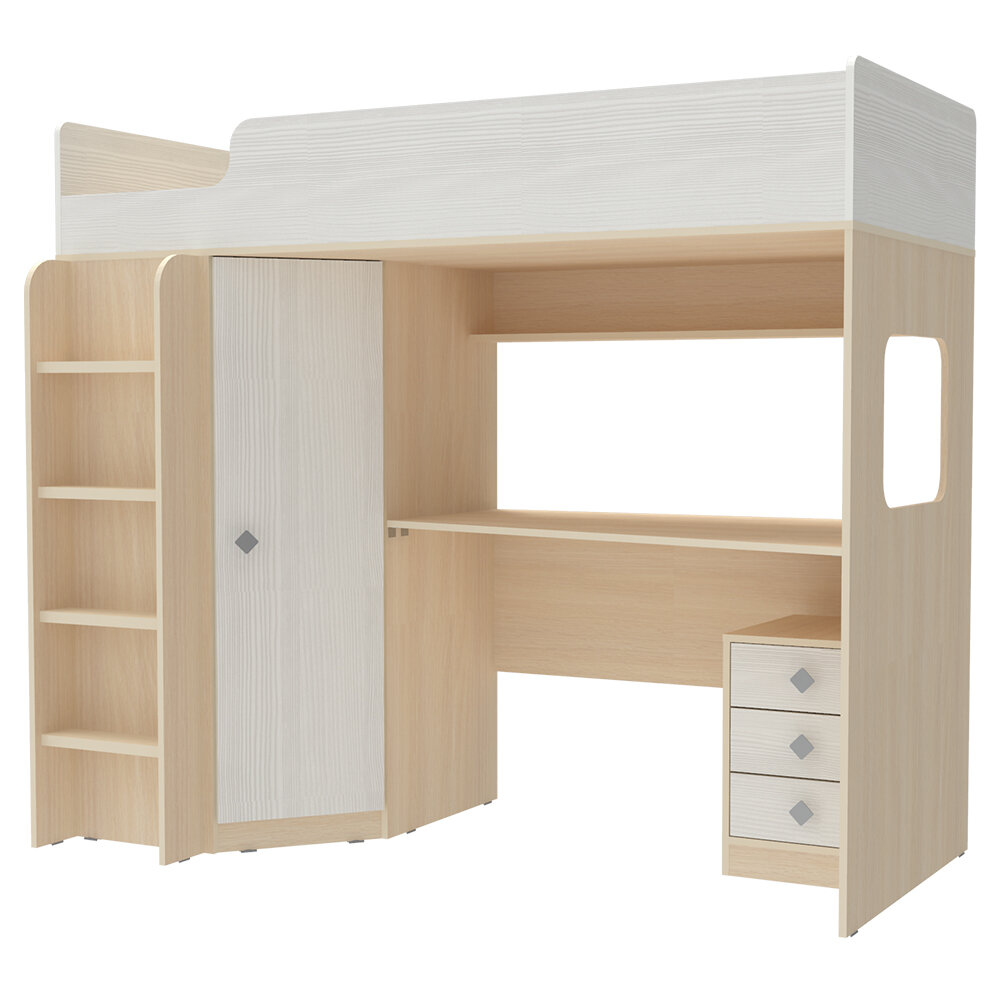 Кровать чердак Л-B605.41 с тумбой 75x175 Дуб Молочный Белое Дерево