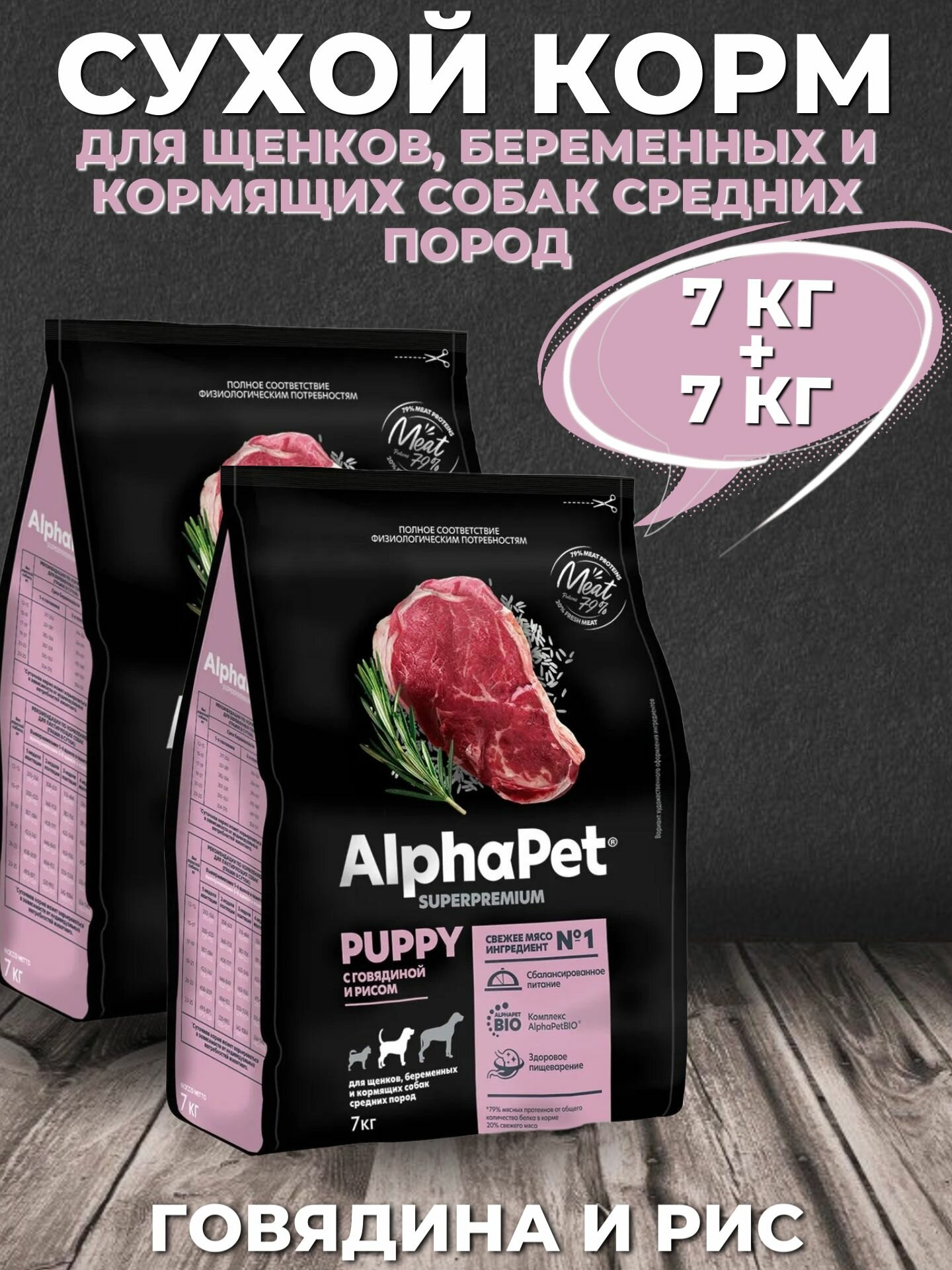 AlphaPet Superpremium Puppy Medium Сухой корм для щенков, беременных и кормящих собак средних пород Говядина и Рис 7 кг + 7 кг