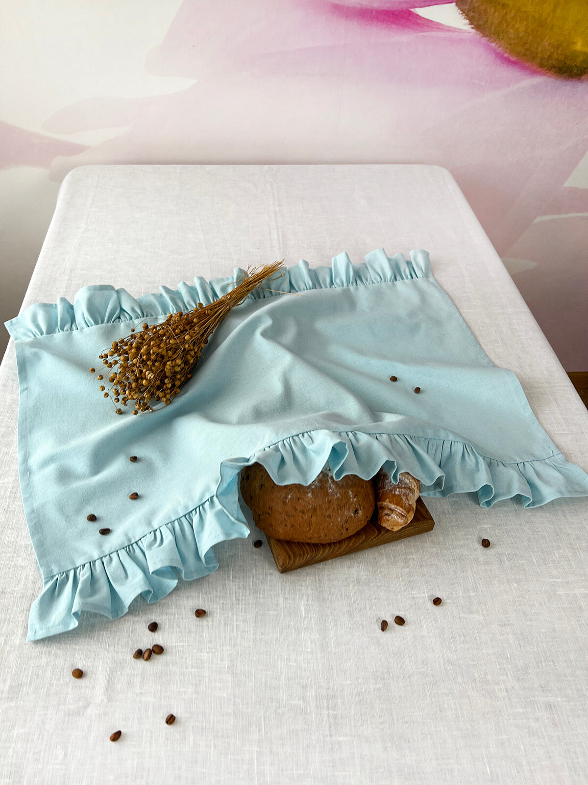 Льняное полотенце с оборкой "Прованс", голубой, 50*70, 50% лен, 50% хлопок