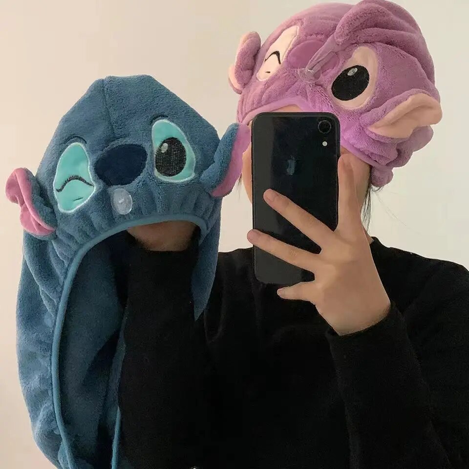 Женская шапочка для фена "Cute Stitch", новый стиль, плотный коралловый флис, быстросохнущая и впитывающая воду. — фото 1