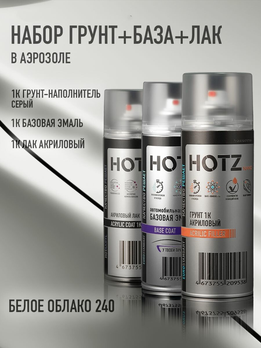 Комплект Аэрозольный "Белое облако 240" 1K: Акриловый грунт Светло-серый 520мл + Акриловый лак 520мл + Автоэмаль Белое облако 240 520мл
