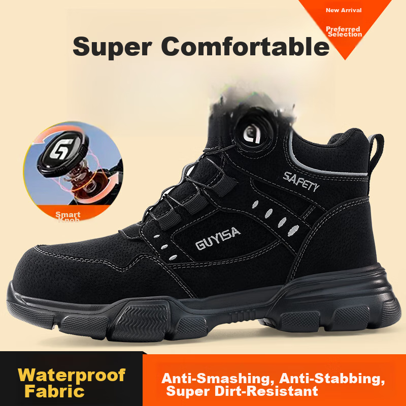 Fumeier Safety Shoes for Men with Steel Toe Cap, Anti-Smashing, Anti-Puncture, High-Top, Waterproof, Ultra-Light, Safety Work Site Shoes F055BK 44